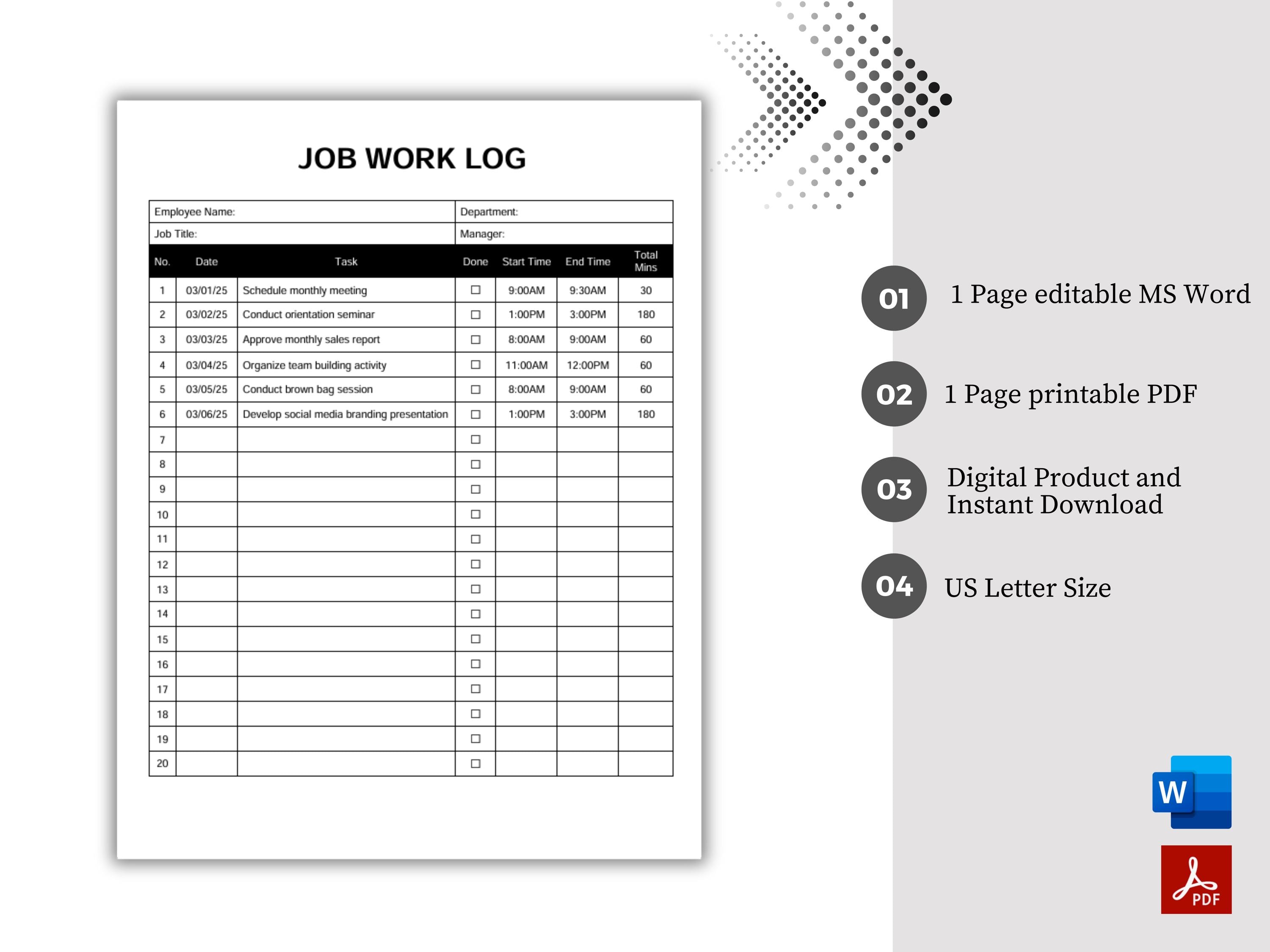 Job Work Log, Job Activity Log, Printable Work Log, Editable Work Log ...