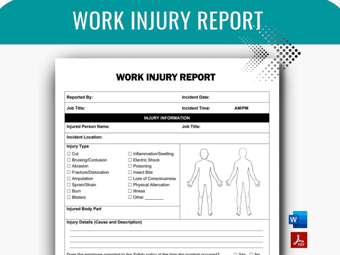 Injury Report, Work Accident Report, Incident Report, Employee Safety Form, Accident Log, HR ...