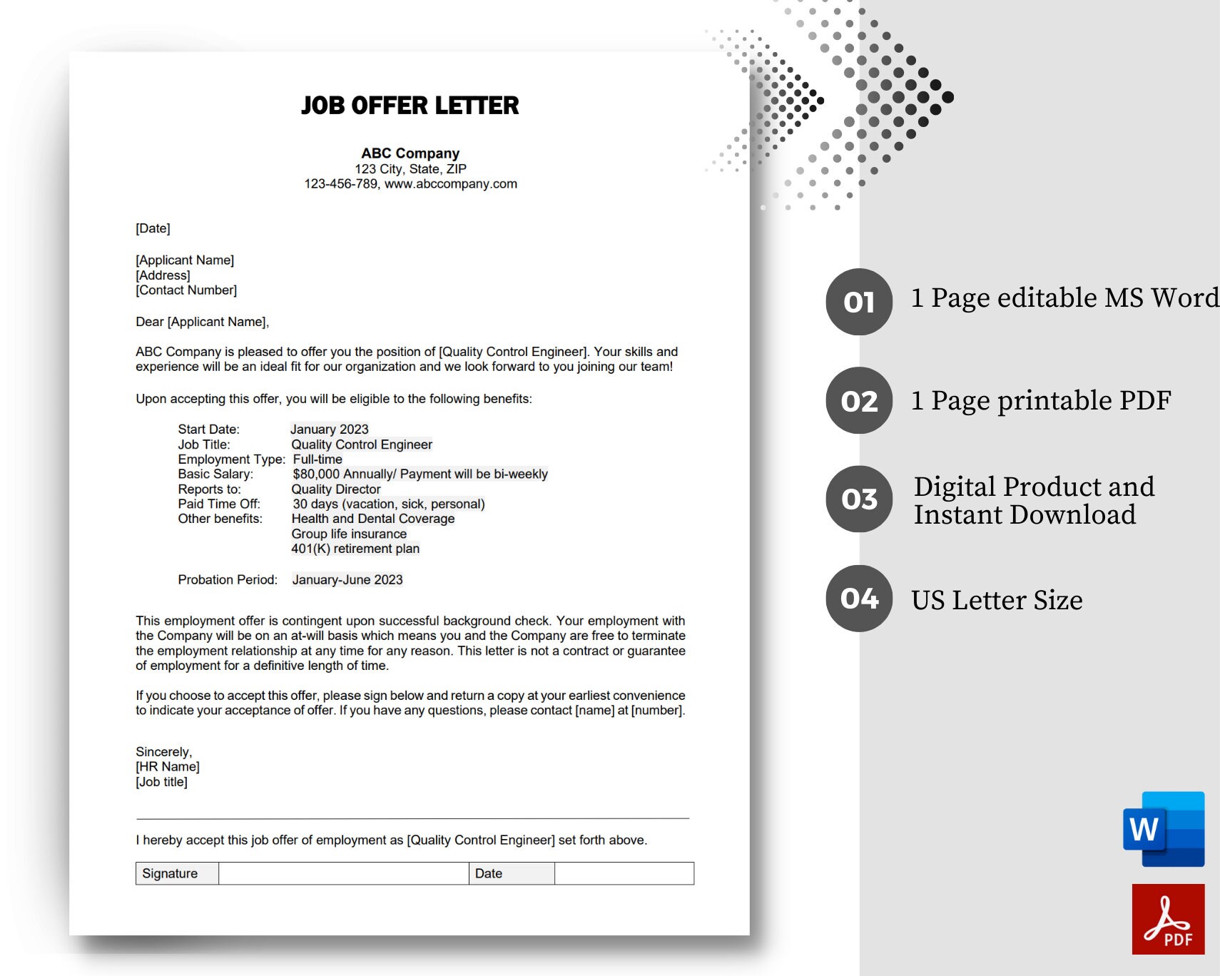 Job Offer Letter Template, Employment Contract, New Hire Document ...