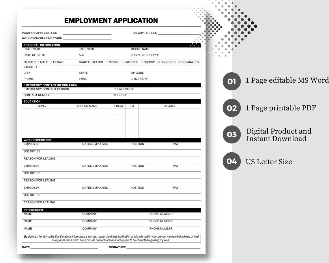 Job Application for Employment Form, Employment Application, Printable ...