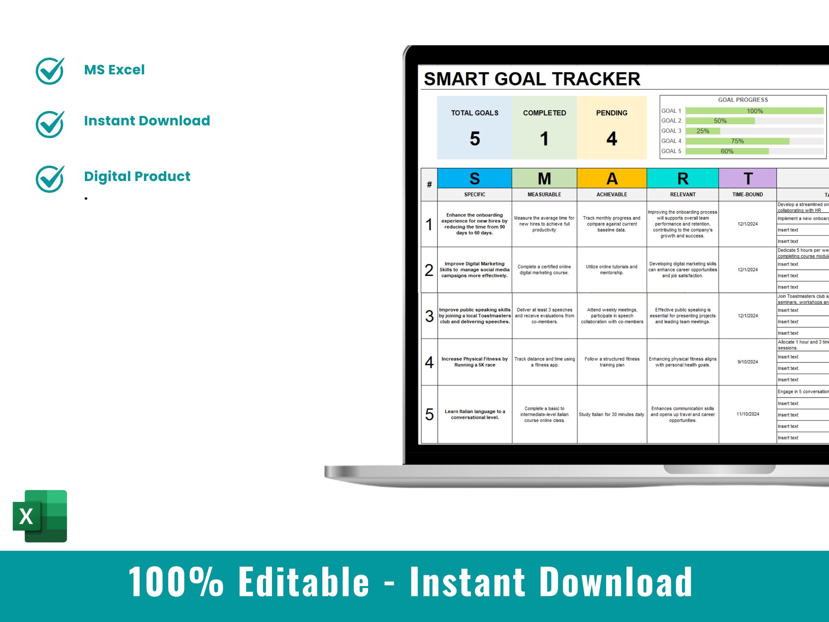 SMART Goal Setting Template, SMART Goal Tracker, Goals Planner, Goals ...