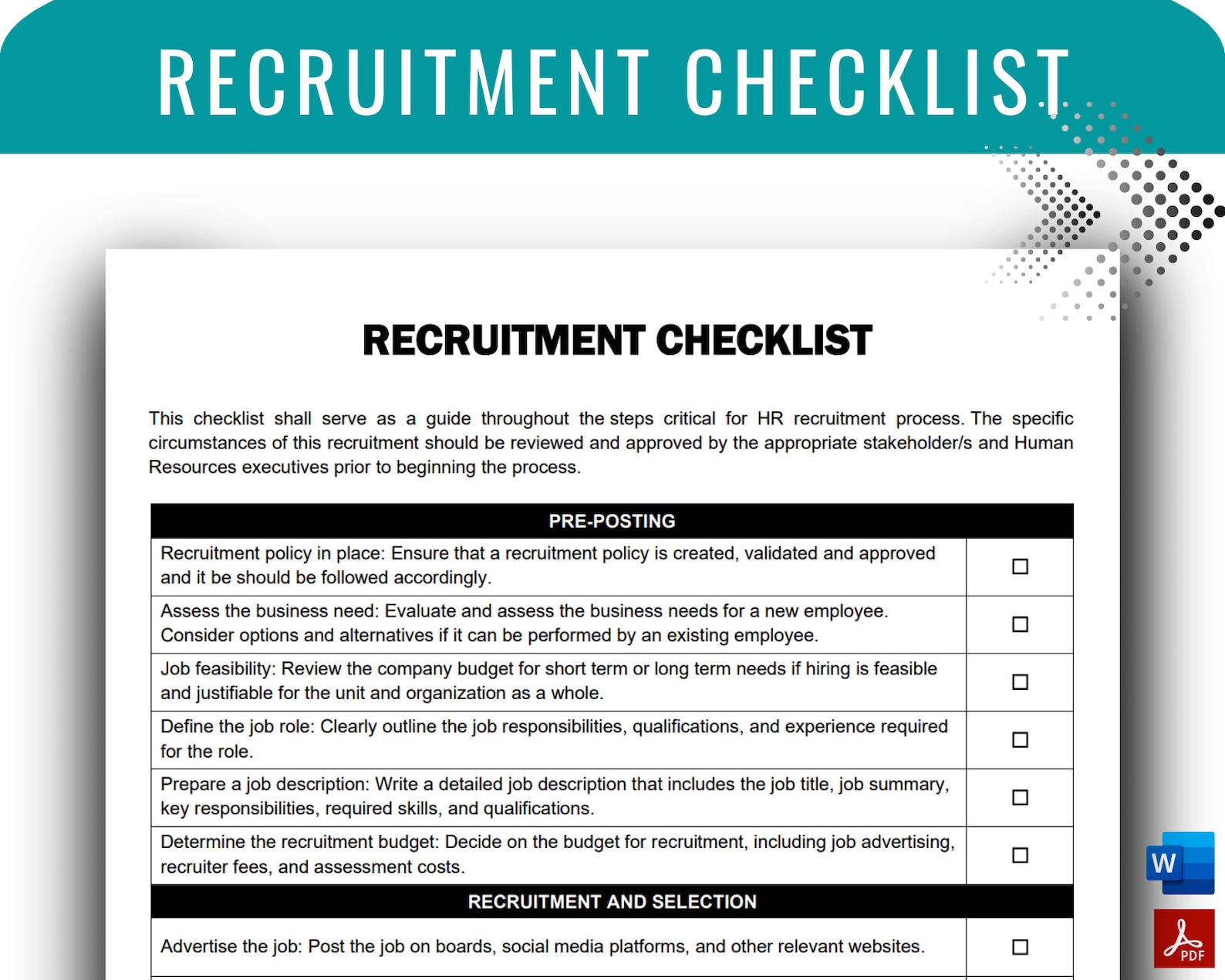 Recruitment Checklist, Recruitment Guide, Recruitment Form, Employee ...