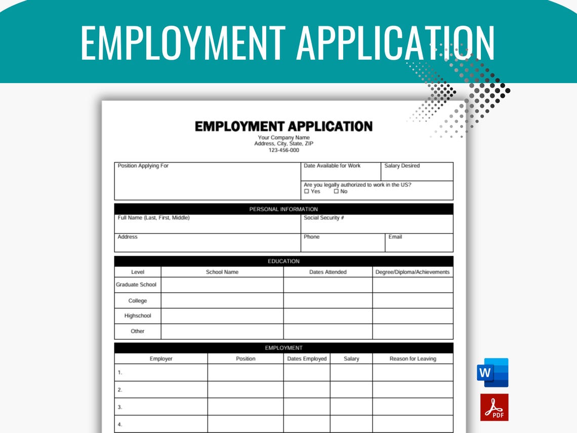 Job Application for Employment Form, Employment Application, Printable ...