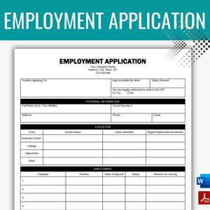 Job Application for Employment Form, Employment Application, Printable ...