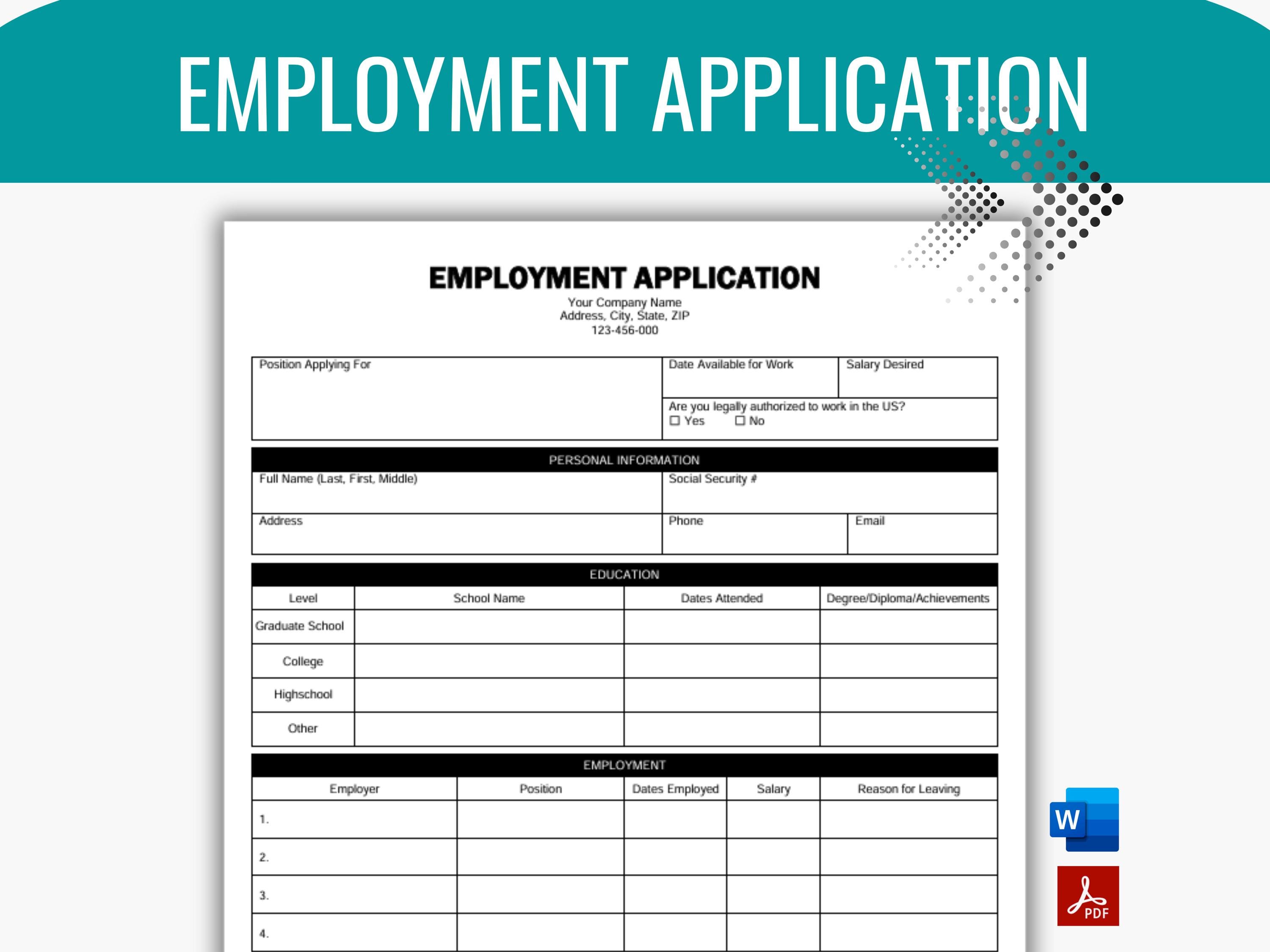 Job Application for Employment Form, Employment Application, Printable ...