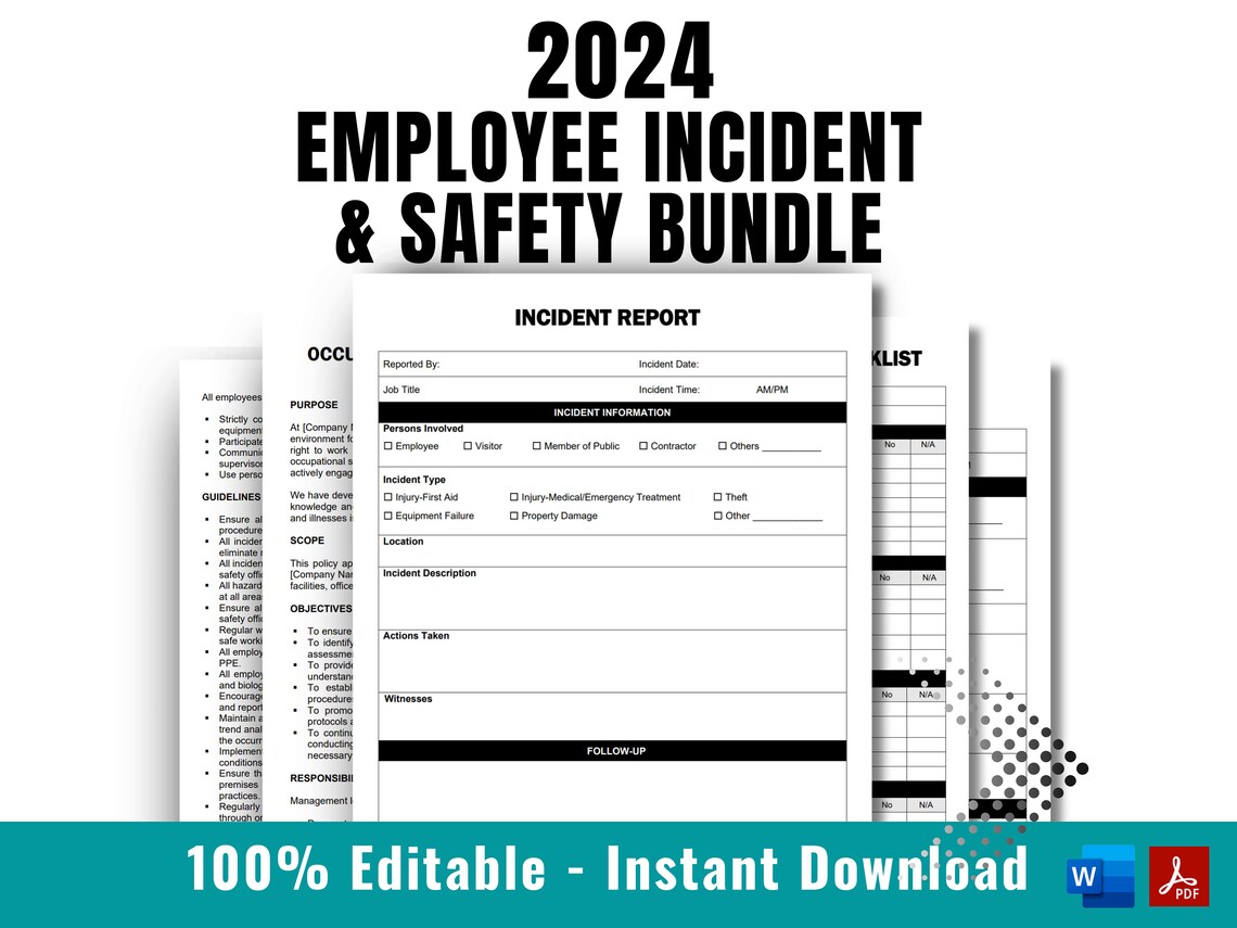 Employee Safety Policy, Incident Report, Safety Checklist, Safety ...