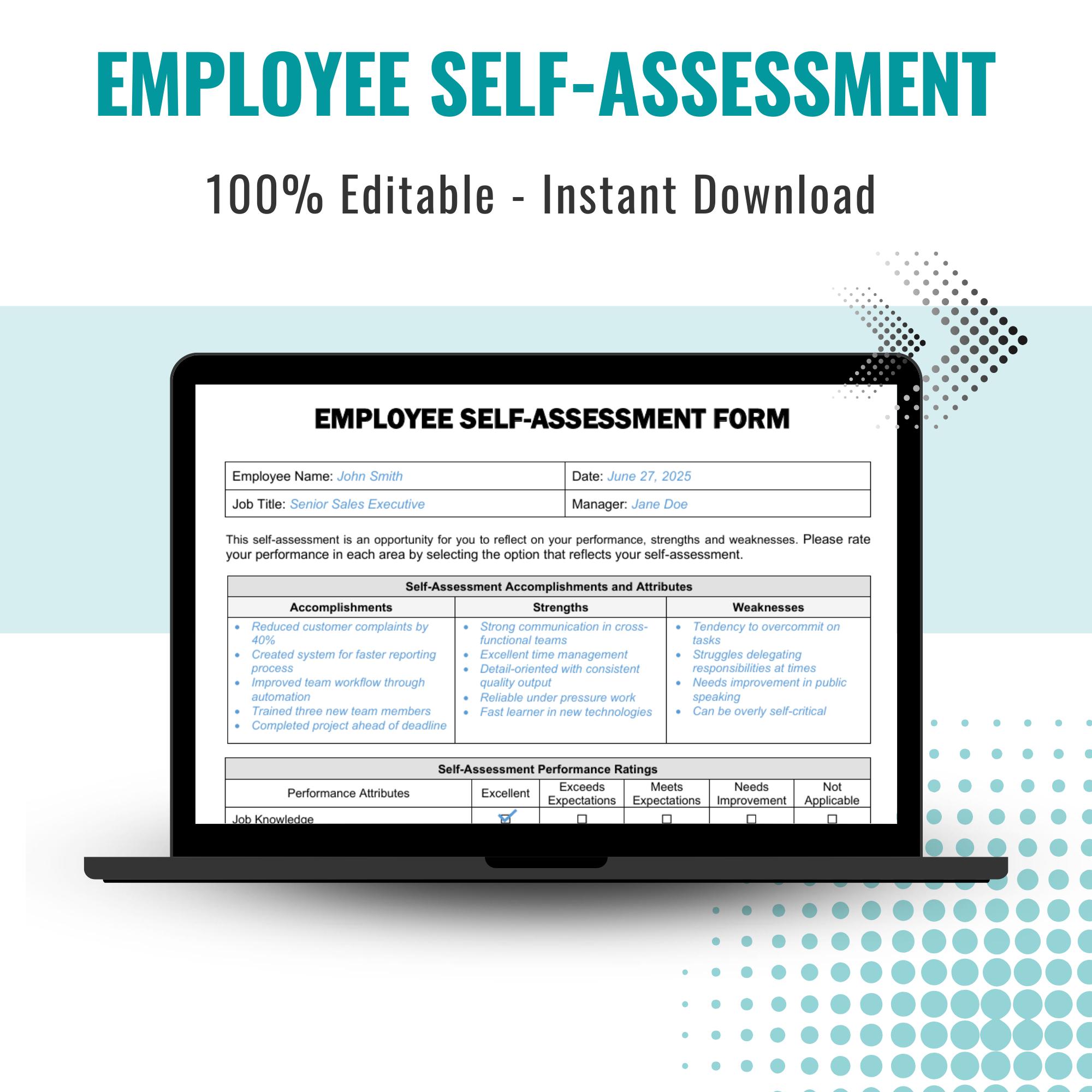 Employee Self Assessment Template, Self Evaluation Form, Performance ...