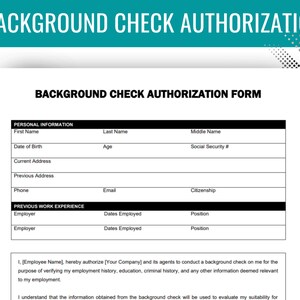 Background Check Authorization Form, Employee Consent Form, Employee ...