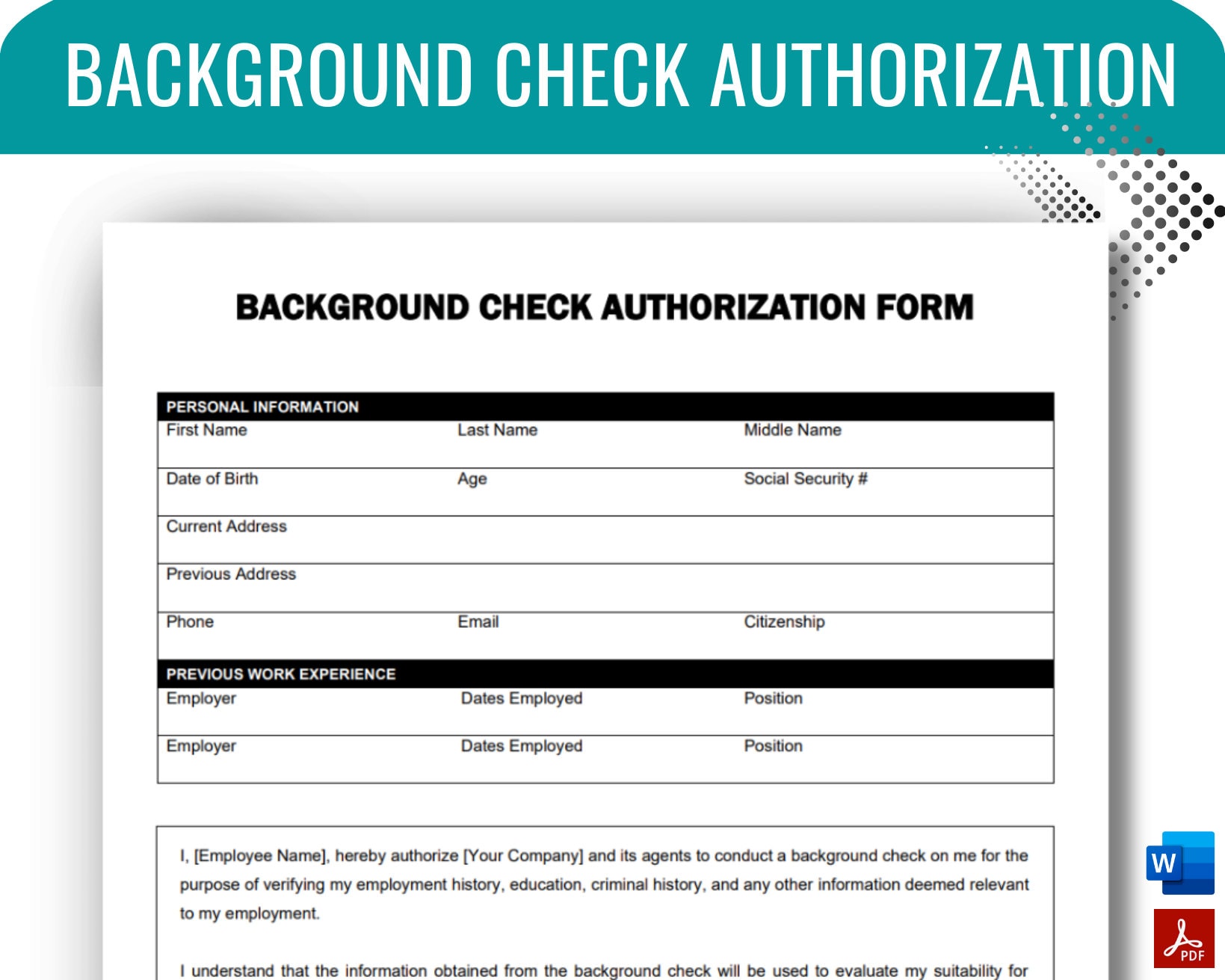Background Check Authorization Form, Employee Consent Form, Employee ...