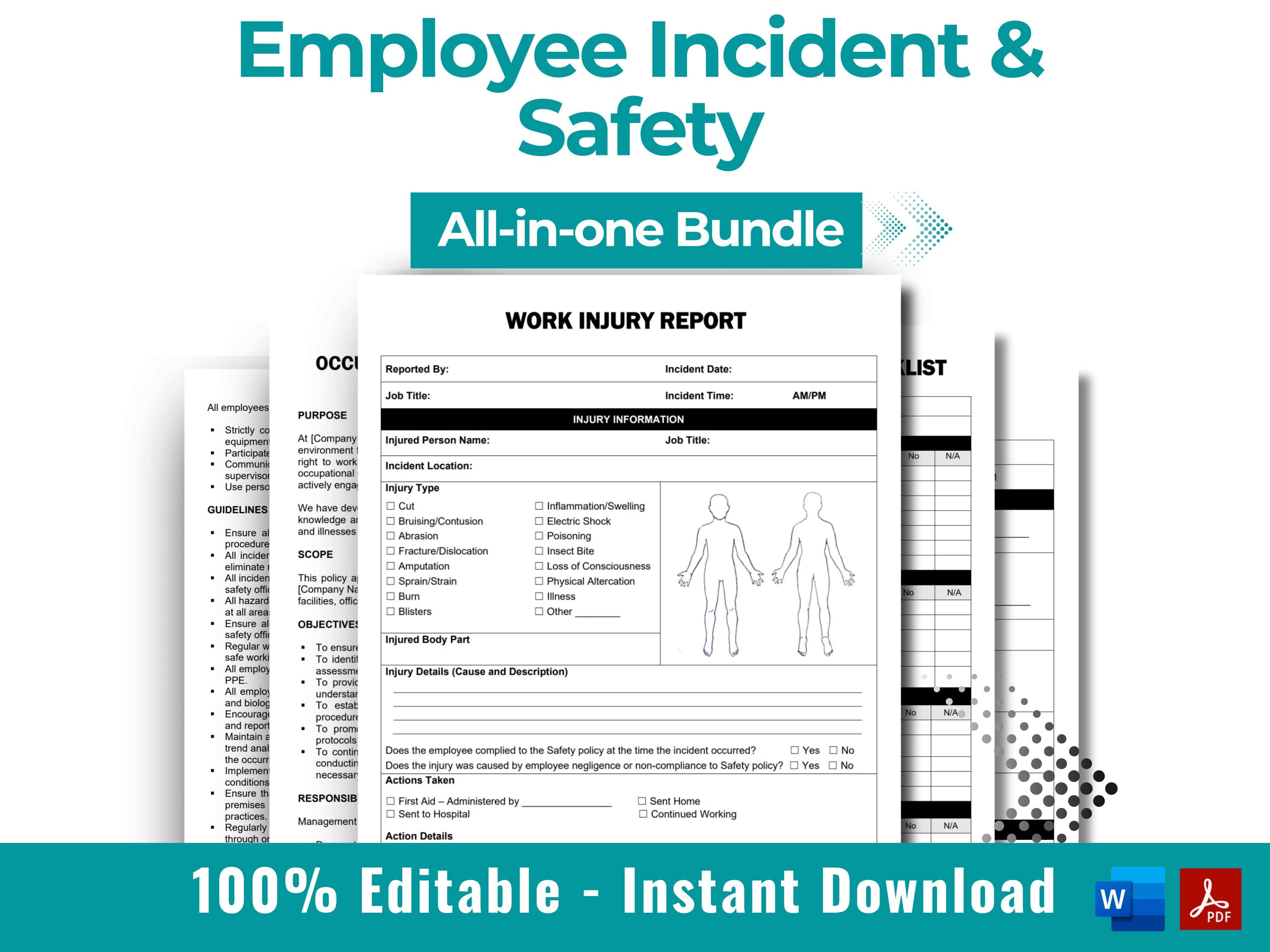 Employee Safety Policy, Incident Report, Safety Checklist, Safety ...
