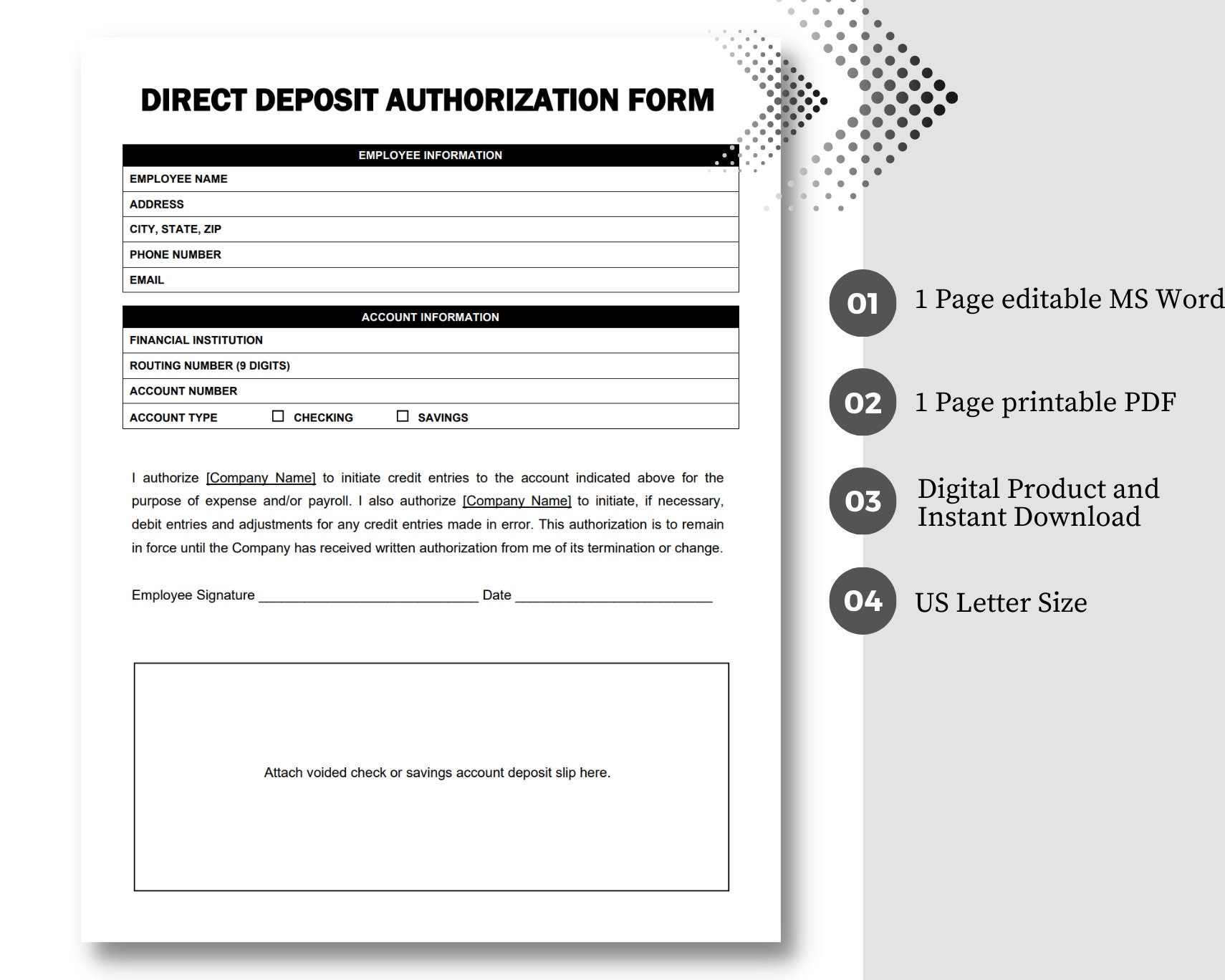 Direct Deposit Authorization, Direct Deposit Form, New Hire Document ...
