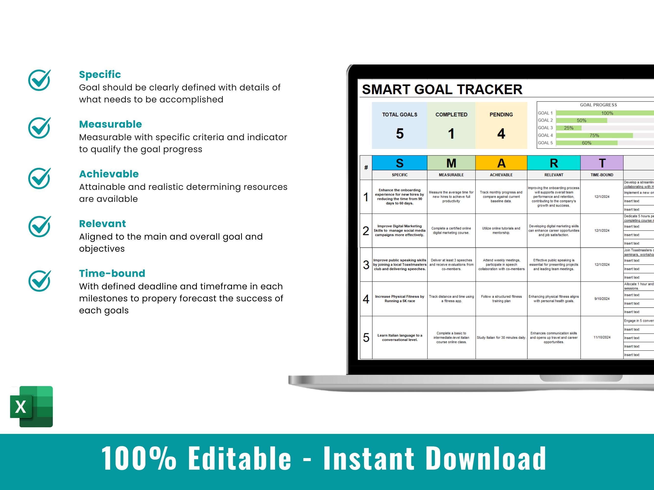 SMART Goal Setting Template, SMART Goal Tracker, Goals Planner, Goals ...