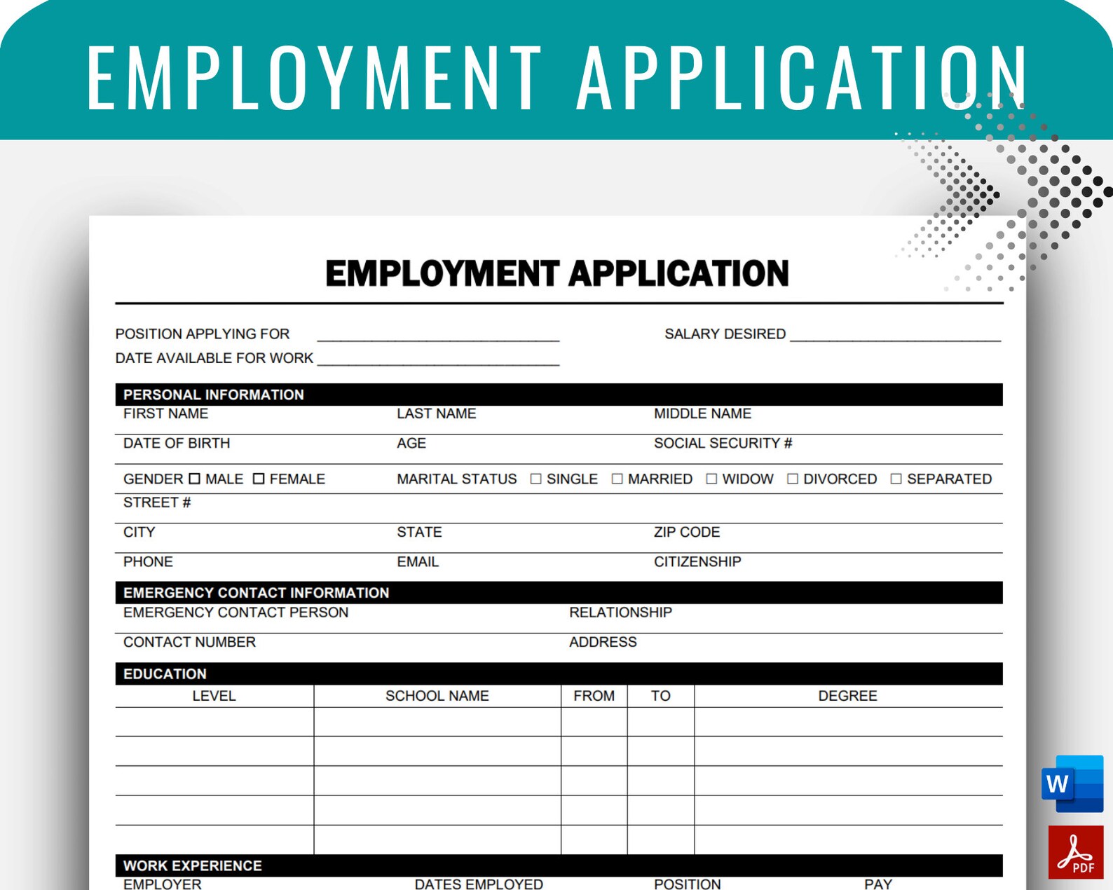 Job Application for Employment Form, Employment Application, Printable ...