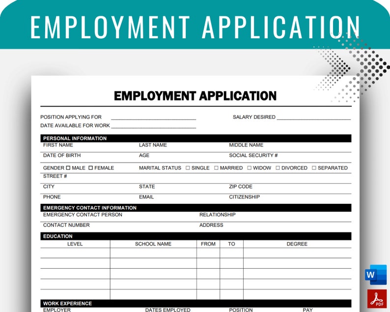 Job Application for Employment Form, Employment Application, Printable ...