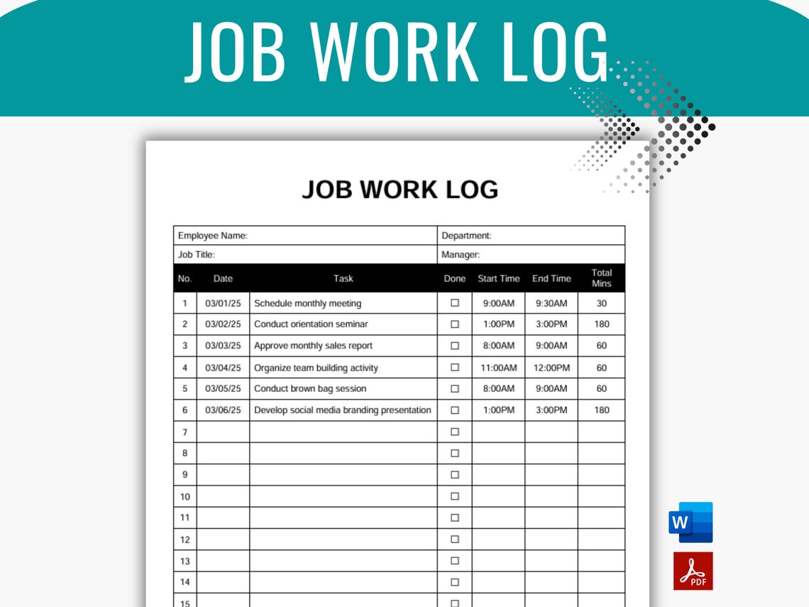 Job Work Log, Job Activity Log, Printable Work Log, Editable Work Log ...