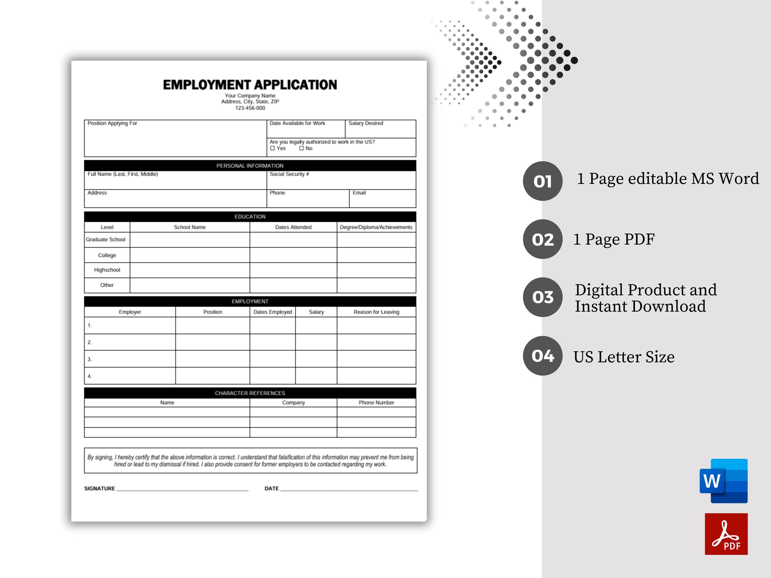 Job Application for Employment Form, Employment Application, Printable ...