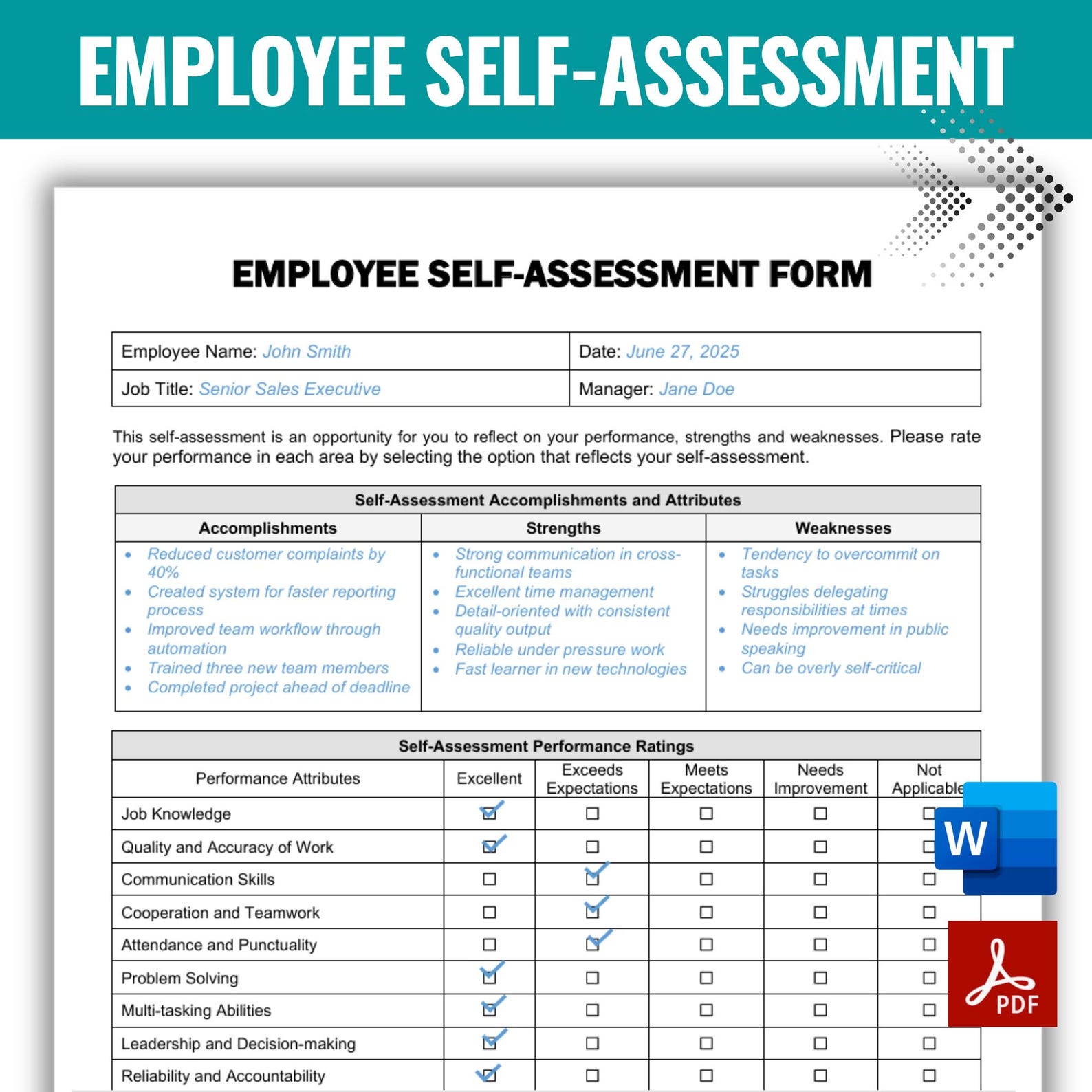 Employee Self Assessment Template, Self Evaluation Form, Performance ...