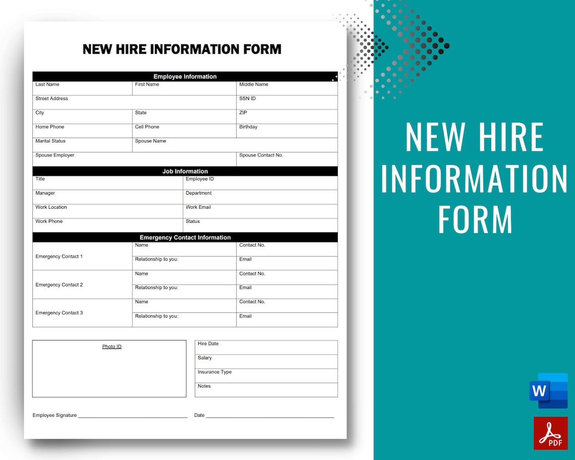 New Hire Information Sheet, New Hire Information, New Hire Form, New Hire Checklist, New Hire ...