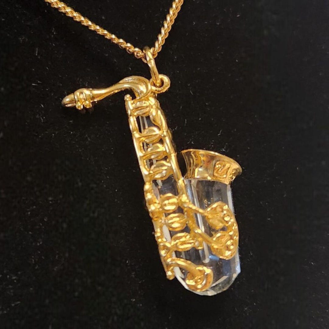 Vintage Swarovski Crystal Memories Saxophone Necklace Gold Tone Signed ...