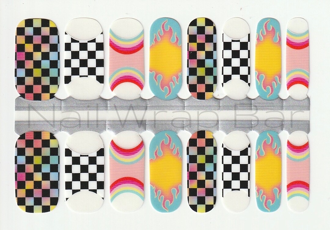 Flame Decal, Rainbow & Checkered French Tip Y2K Skater Style Nail Wraps ...