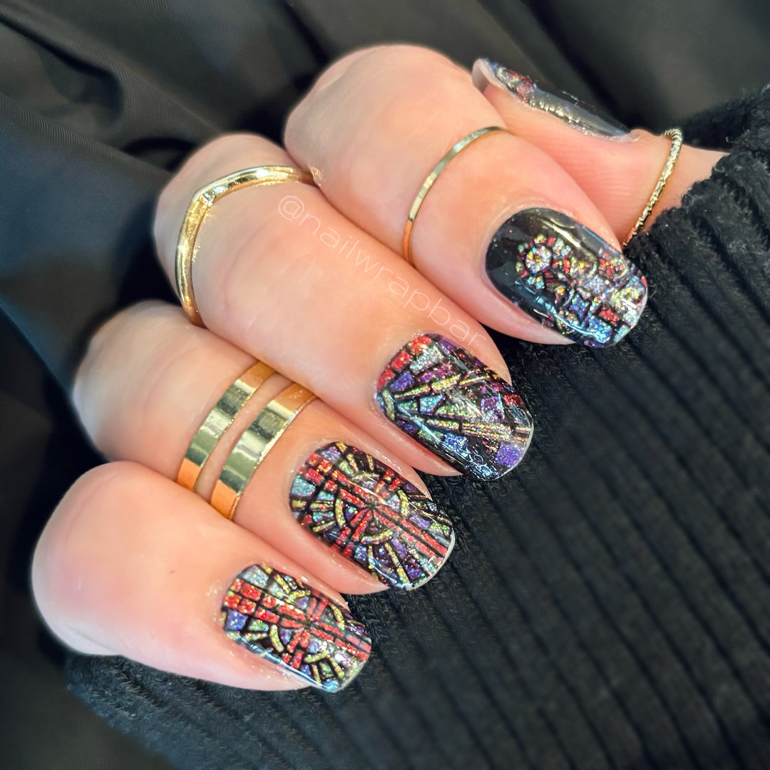 Stained Glass Cross Cathedral Style Glitter Nail Wraps - Etsy