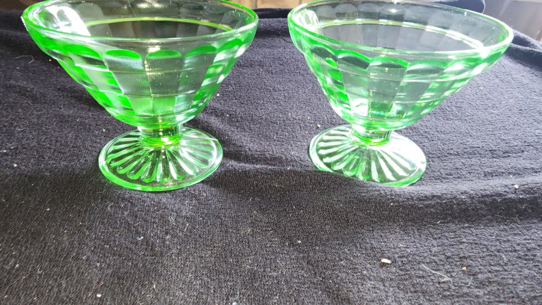 Green Depression Glass Block Optic Two Cone Sherbets Uranium - Etsy