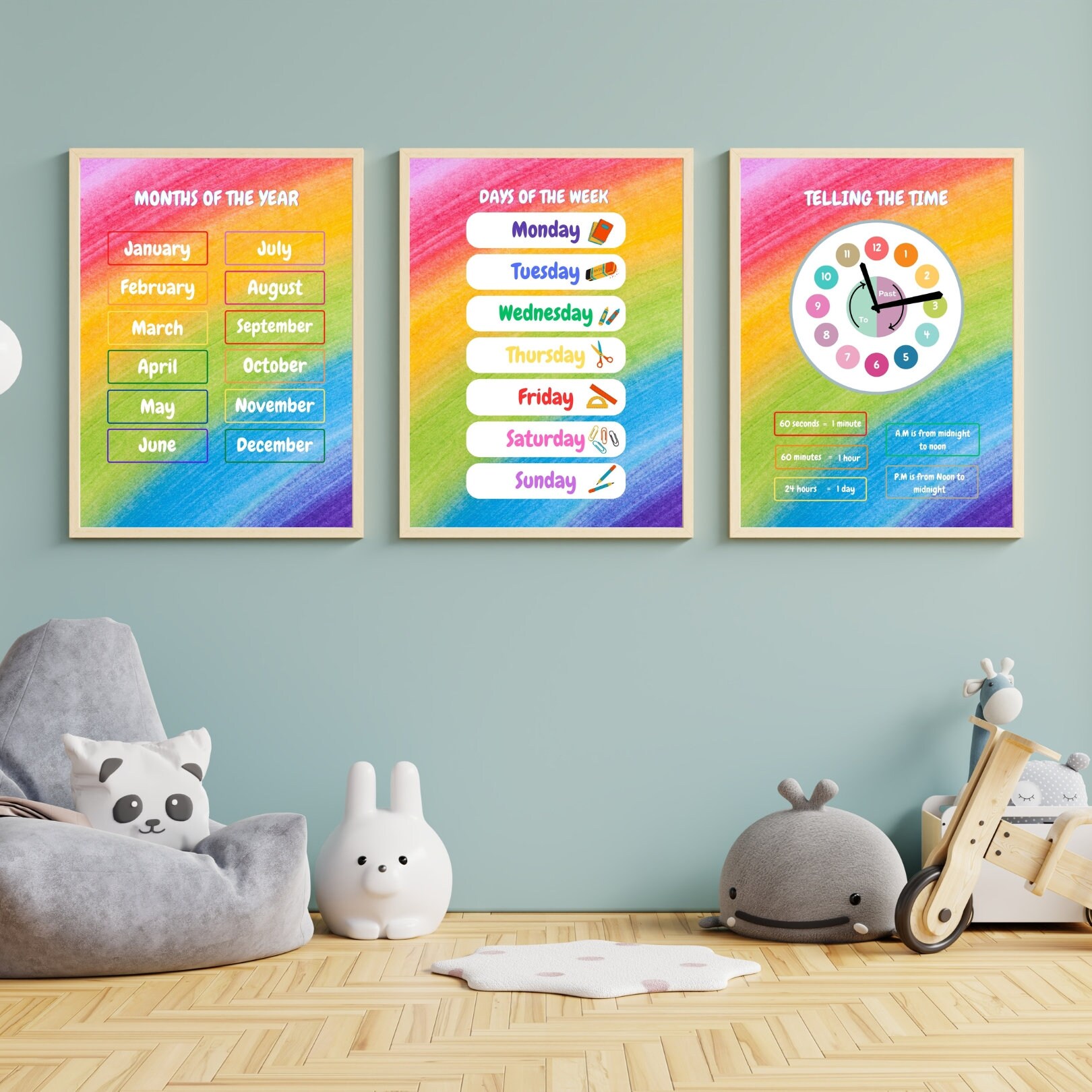 Colorful Time, Months & Days of the Week Prints Set of 3 Kids ...