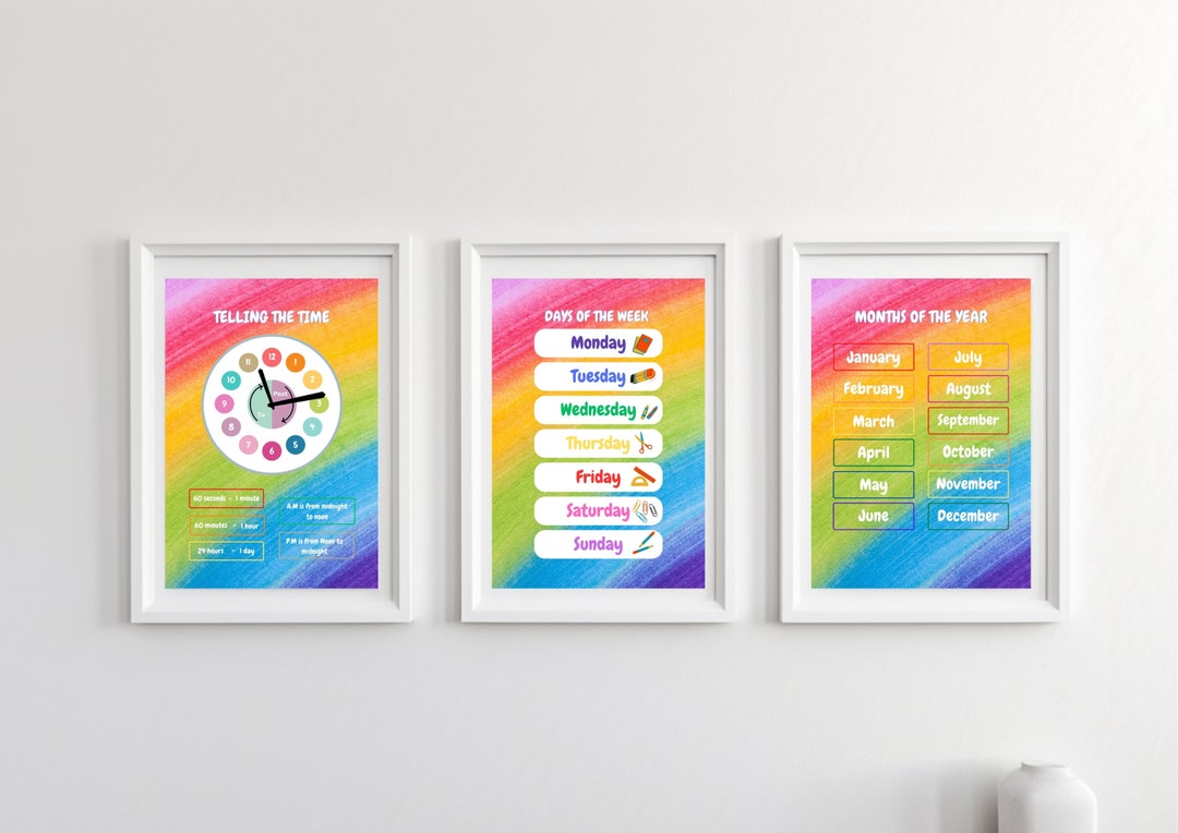 Colorful Time, Months & Days of the Week Prints | Set of 3 Kids ...