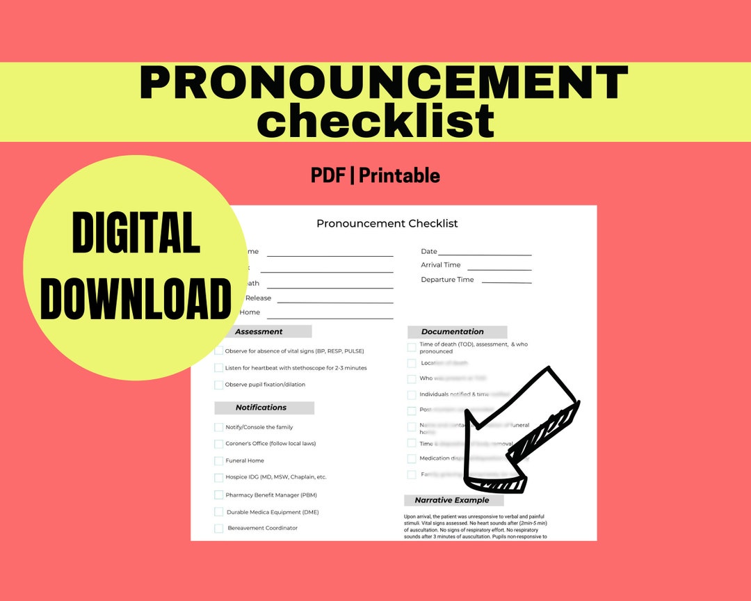 Hospice Pronouncement Checklist, Hospice Nurse Checklist, Cheat Sheet ...