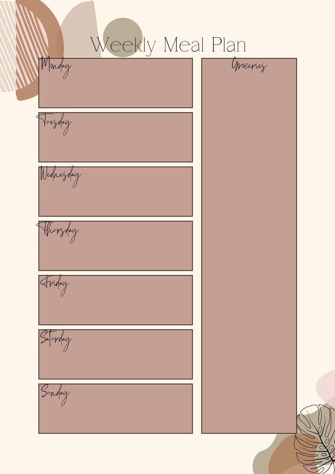 Boho Weekly Meal Plan Canva Template Simple Customizable Printable - Etsy