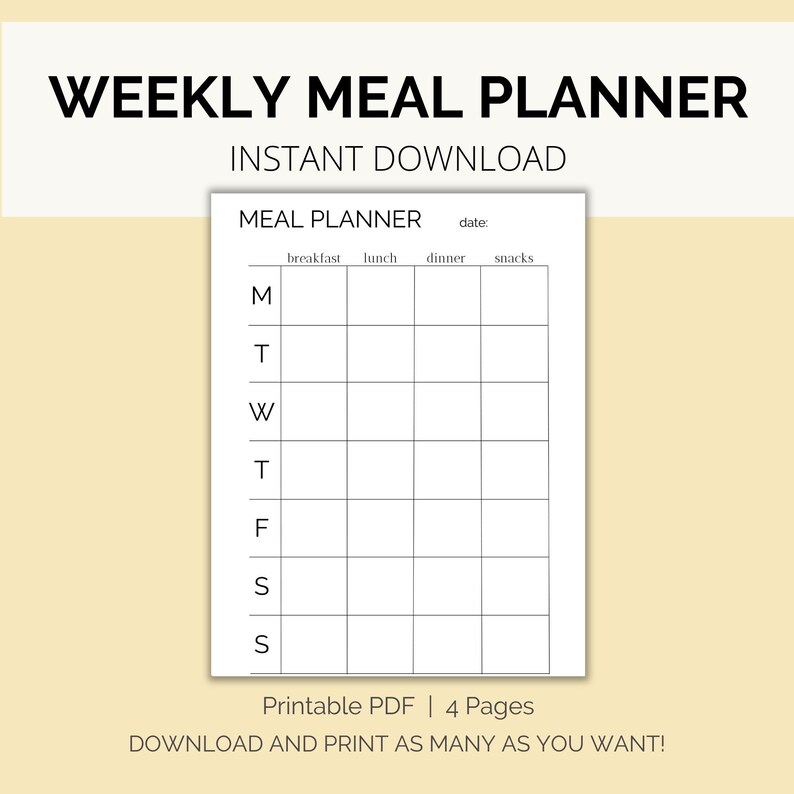 Weekly Meal Planner A4 PDF Printable Planner Instant - Etsy