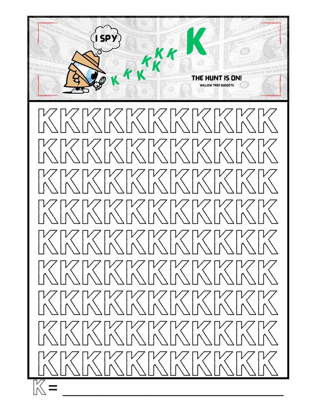 Letter K | I Spy Bucks Savings Challenge and Envelope | Letter K | Cash ...