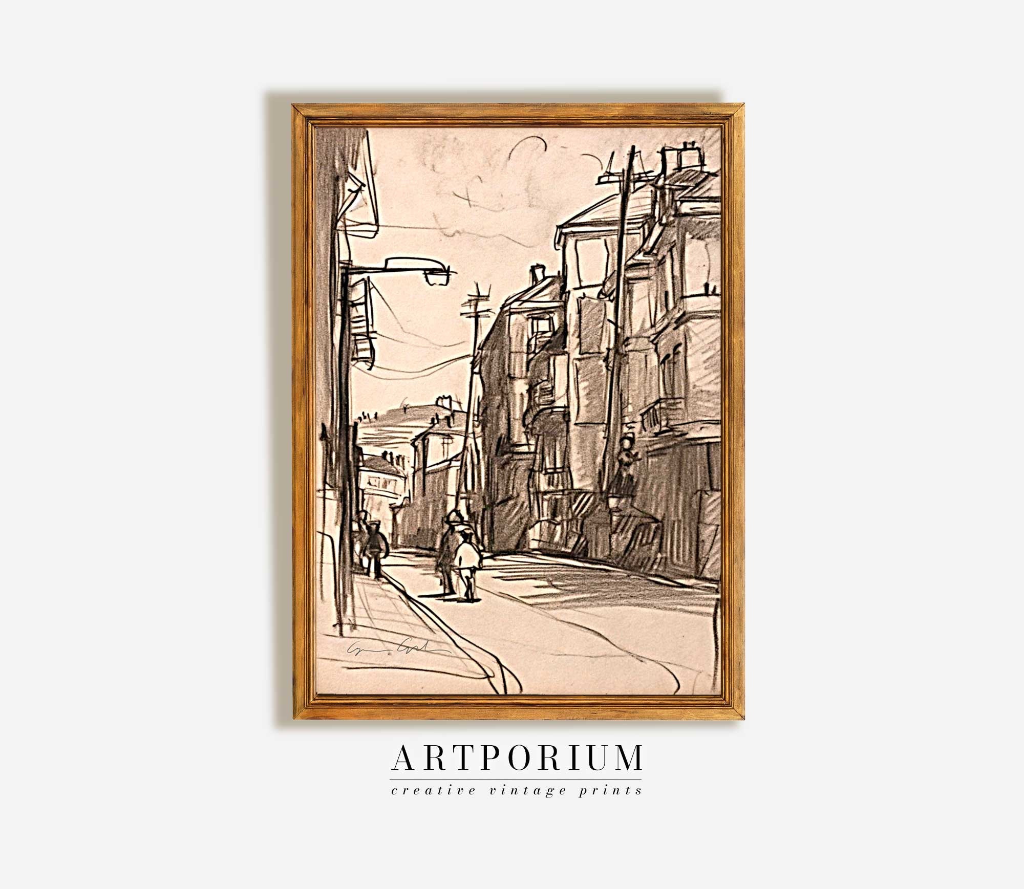 Vintage Pencil Sketch Streetscape Charcoal Drawing Antique Digital ...