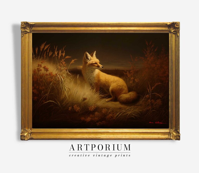 Vintage Fox Art Print Fox Hiding Painting Animal Wall Art Rustic Decor ...