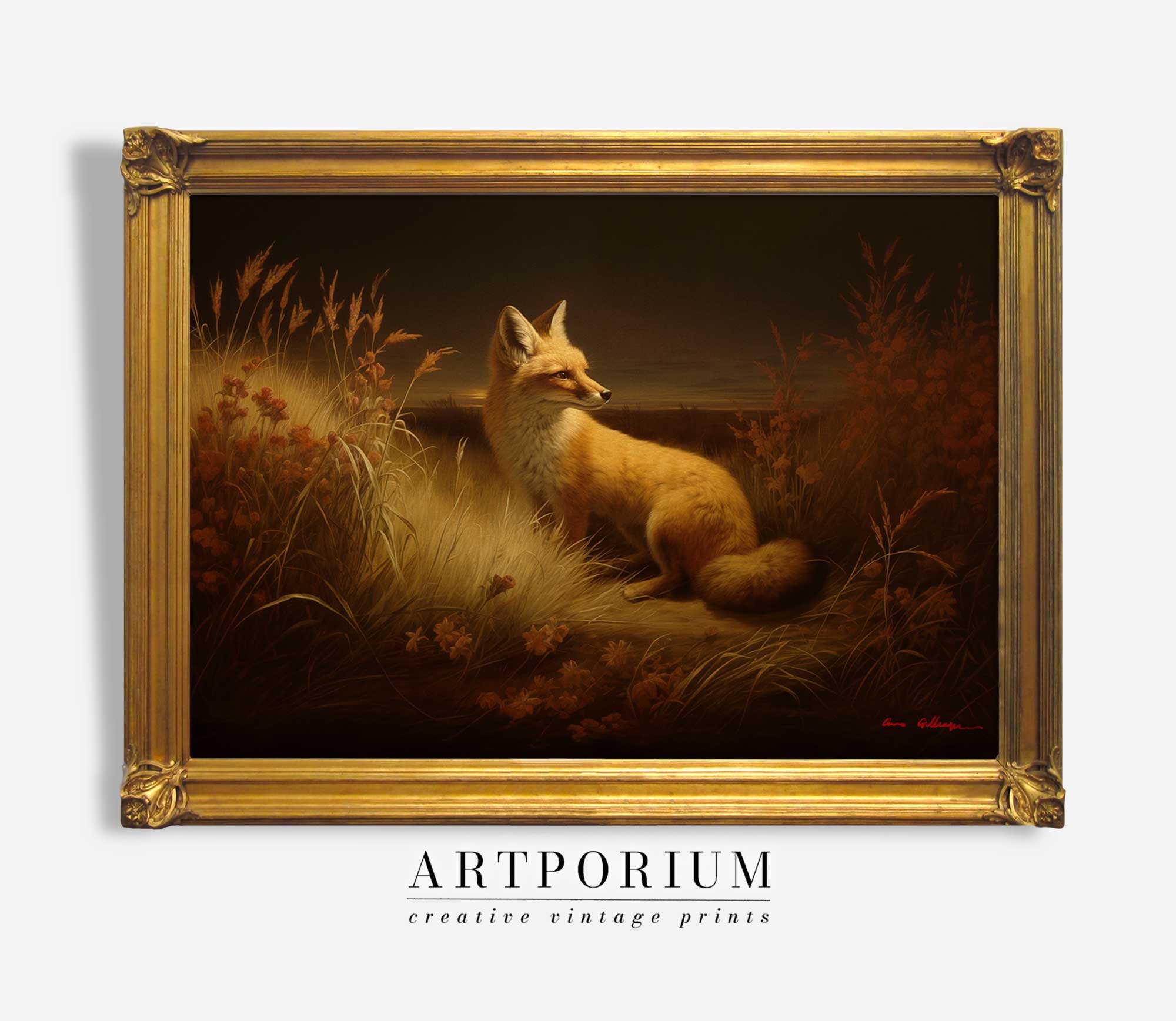 Vintage Fox Art Print Fox Hiding Painting Animal Wall Art Rustic Decor ...