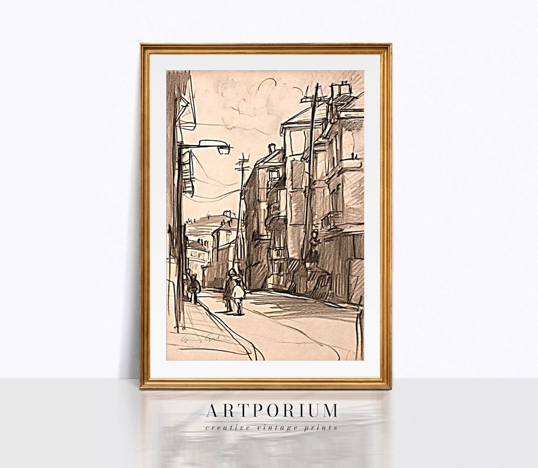 Vintage Pencil Sketch Streetscape | Charcoal Drawing Antique | Digital ...