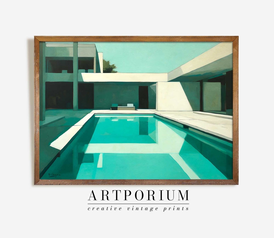Retro Pool Painting Blue Wall Art Vintage Architecture Print Digital ...
