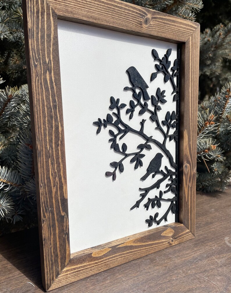 Birds on a Tree Wall Art Framed Wood Sign Bird Branch Home Decor Birds ...