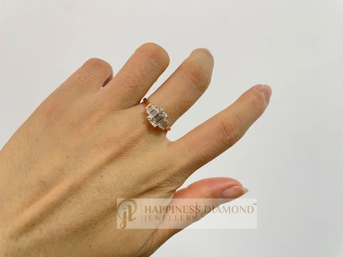 2ct Emerald Cut Three Stone Moissanite Engagement Ring 14k Yellow Gold