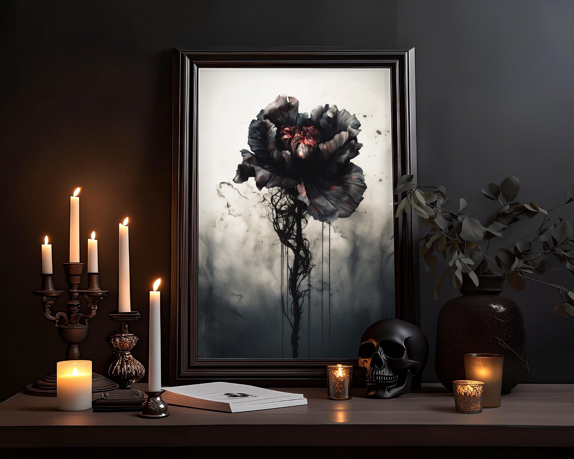 Dark Floral Art Printable, Gothic Flower Wall Decor, Dramatic Black ...