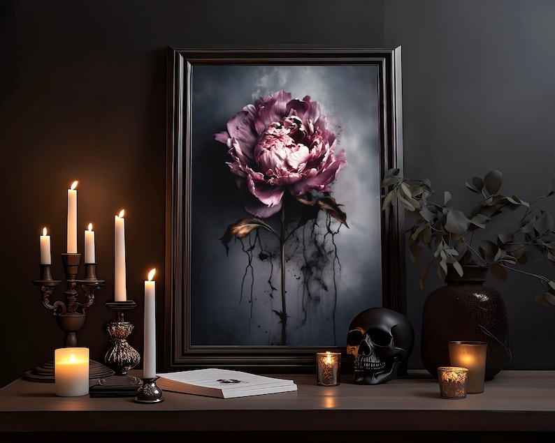 Dramatic Dark Floral Printable Wall Art, Dark Peony Print, Gothic Home ...