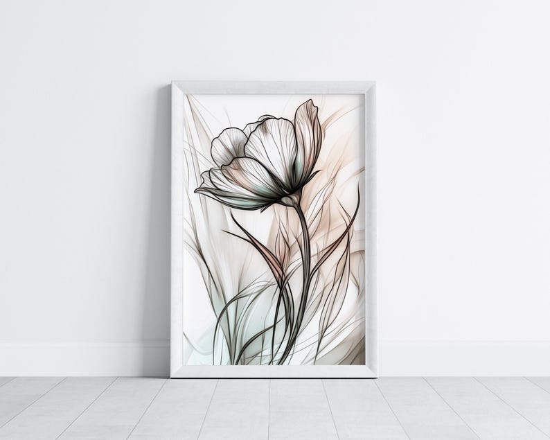 Boho Flower Art Print, Printable Wall Art, Digital Download, Sketch ...
