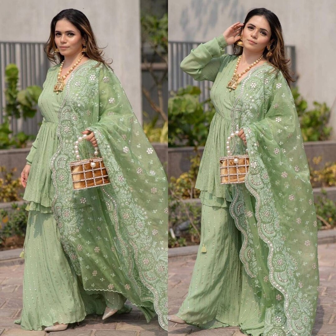 Indian Pista Green Kurta Set Plazzo With Dupatta for Women - Etsy