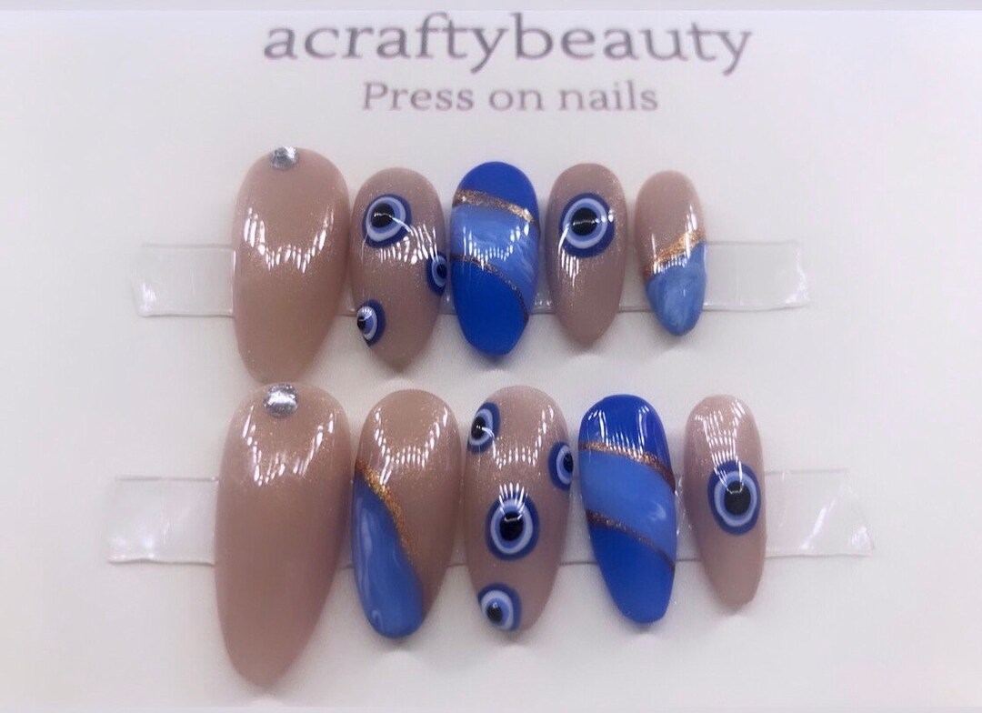 Evil Eye Gel Press on Nails Handmade Long Almond Blue - Etsy