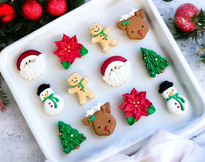 TWELVE Edible Christmas Assortment Royal Icing Decorations, Christmas ...