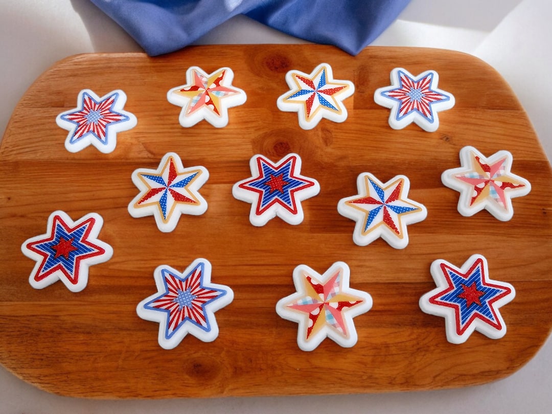 TWELVE Edible Stars Assortment Sugar Decorations, FOURTH of JULY Edible ...