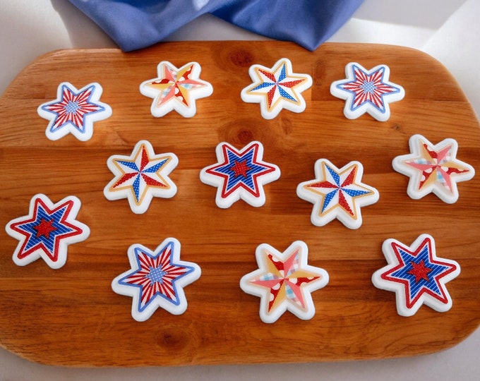 TWELVE Edible Stars Assortment Sugar Decorations, FOURTH of JULY Edible ...