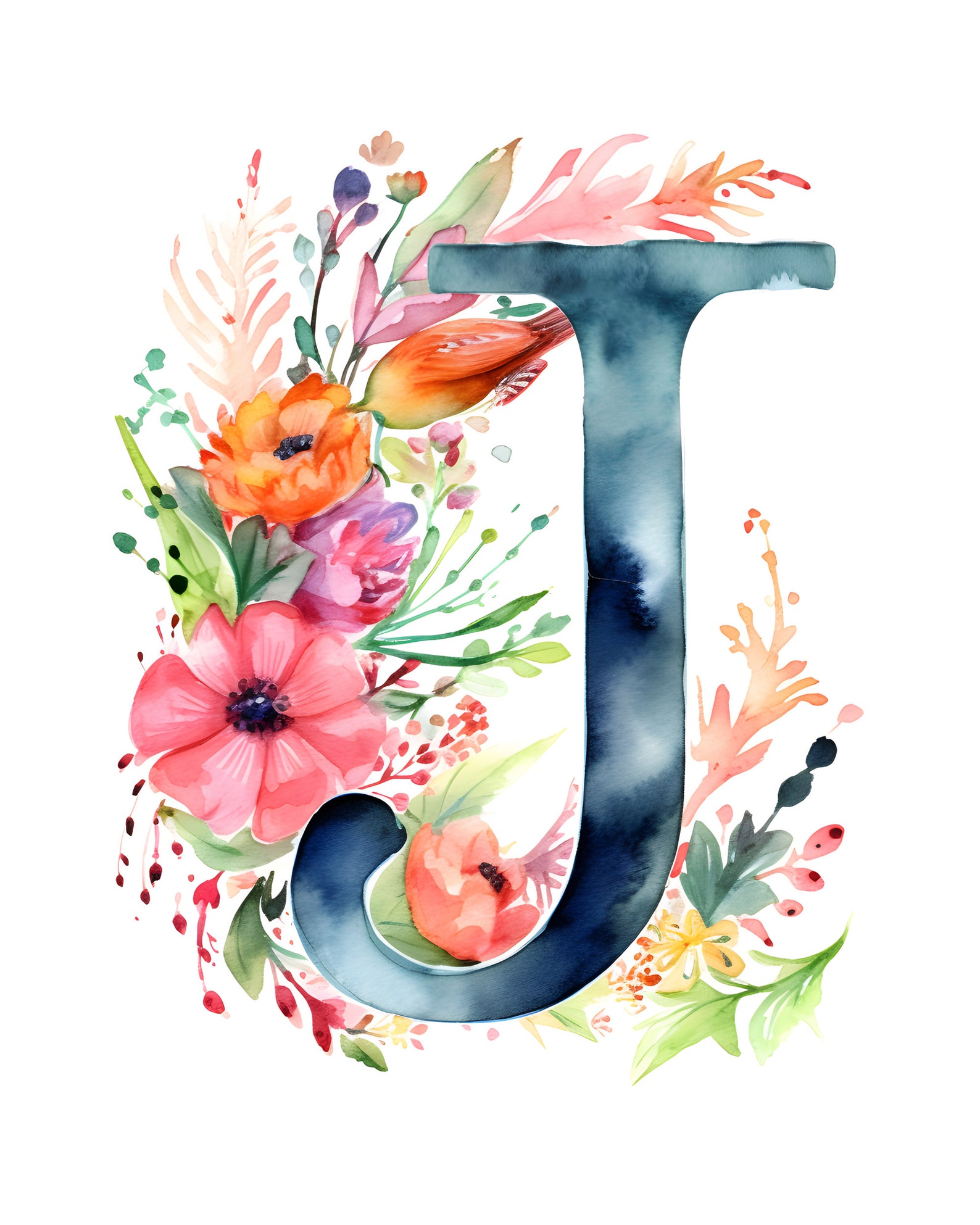 Digital Print, Instant Download, JPG, Watercolor Floral Capital Letter ...