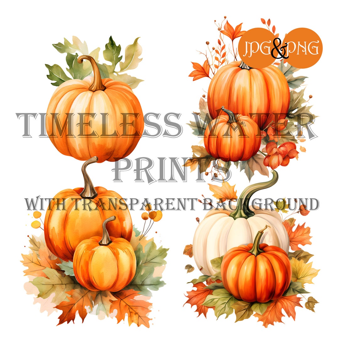 Set of 4 Clip Art Watercolor Pumpkins, Transparent Background, Fall ...