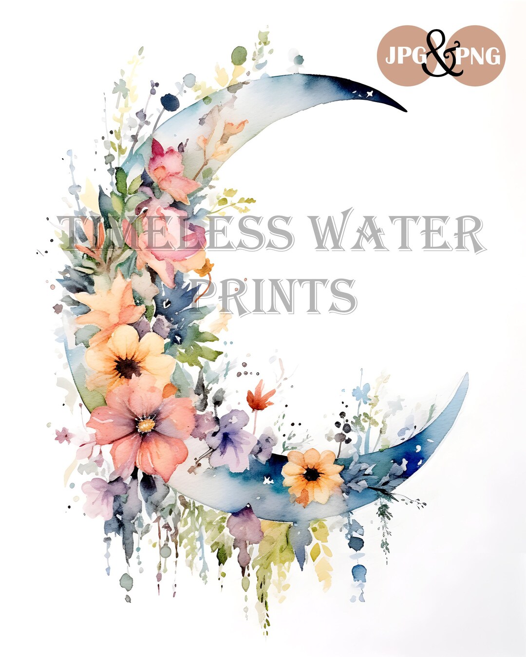 Floral Crescent Moon, Digital Print, Instant Download, PNG, JPG ...
